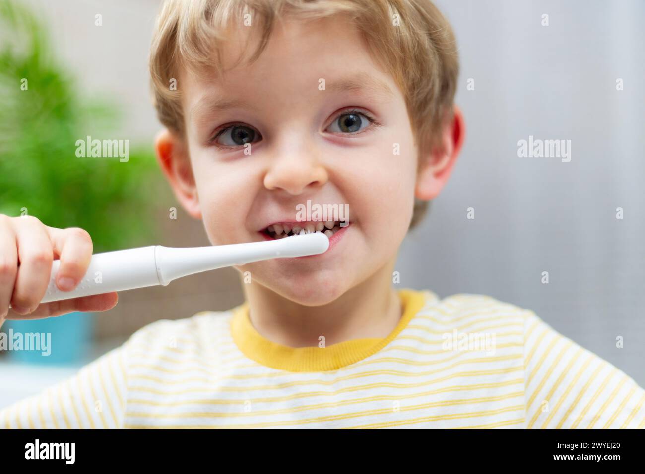 Young boy brushing teeth with electric toothbrush Stock Photo - Alamy