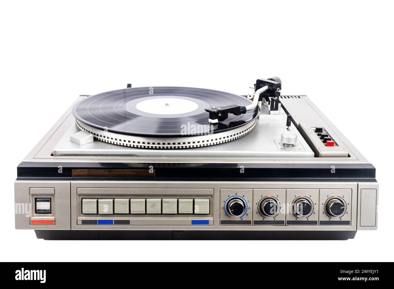 Vintage turntable record player with black vinyl isolated on white ...