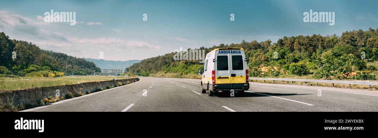 Spanish Emergency Ambulance Van Iveco Car Moving On Spanish Motorway ...