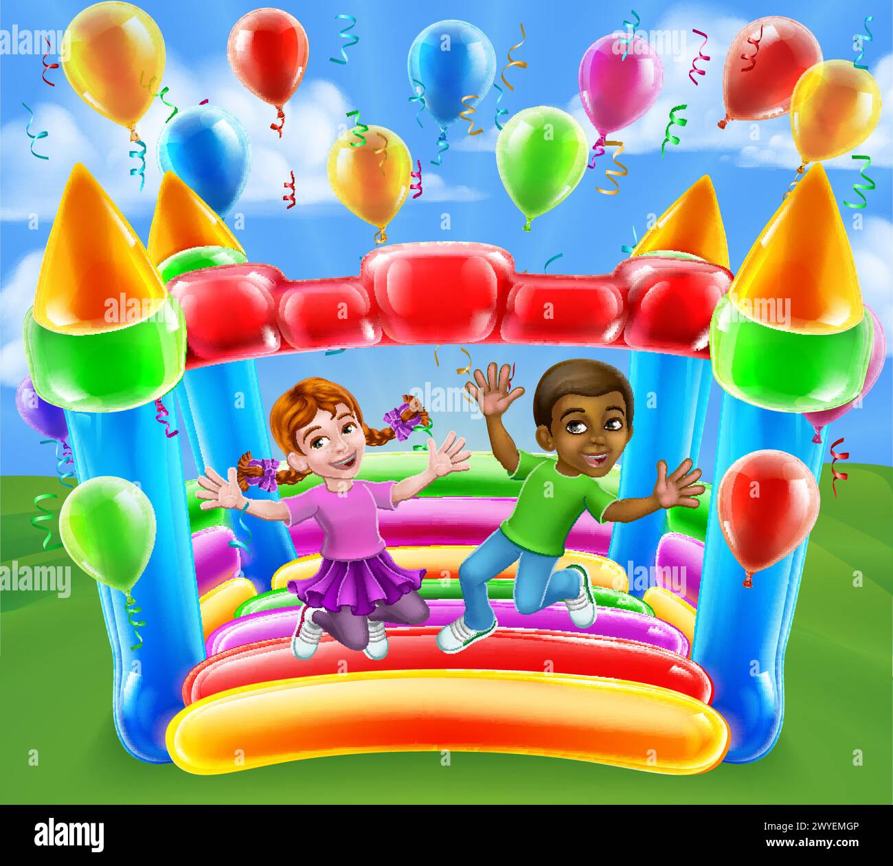 Bouncy House Castle Jumping Girl Boy Kids Cartoon Stock Vector Image ...