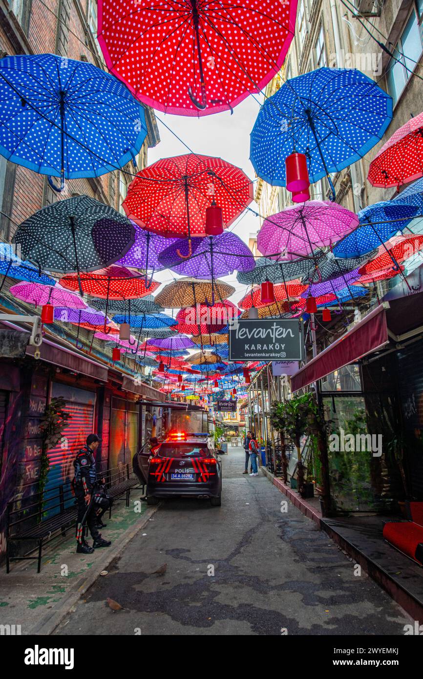 One of the many streets of umbrellas in Istanbul's old town, Turkey ...