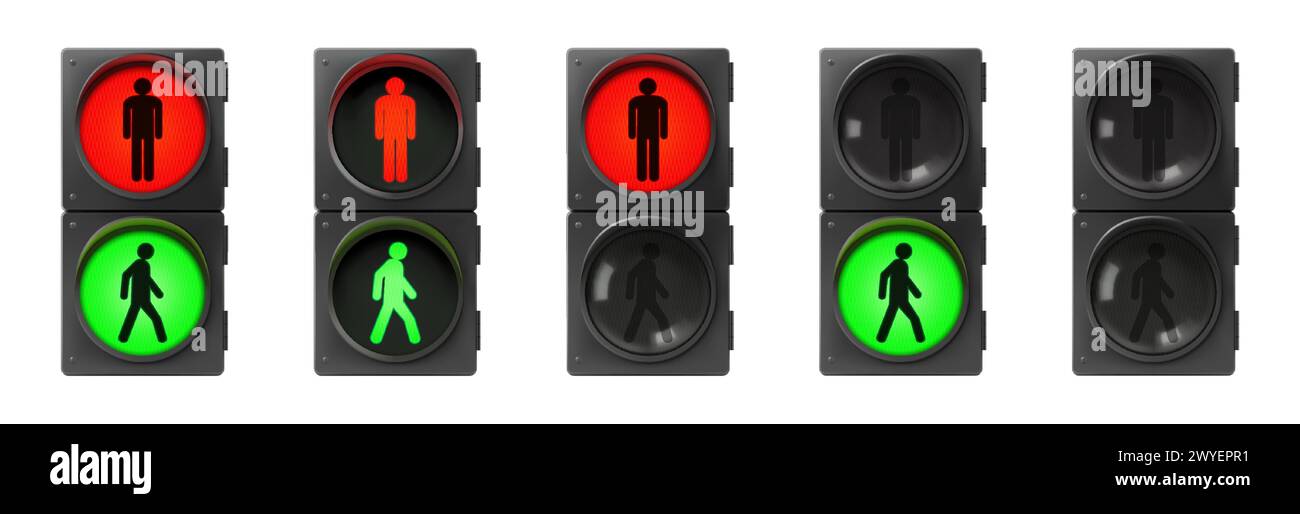 Set of pedestrian traffic lights with red and green man. Realistic 3d ...