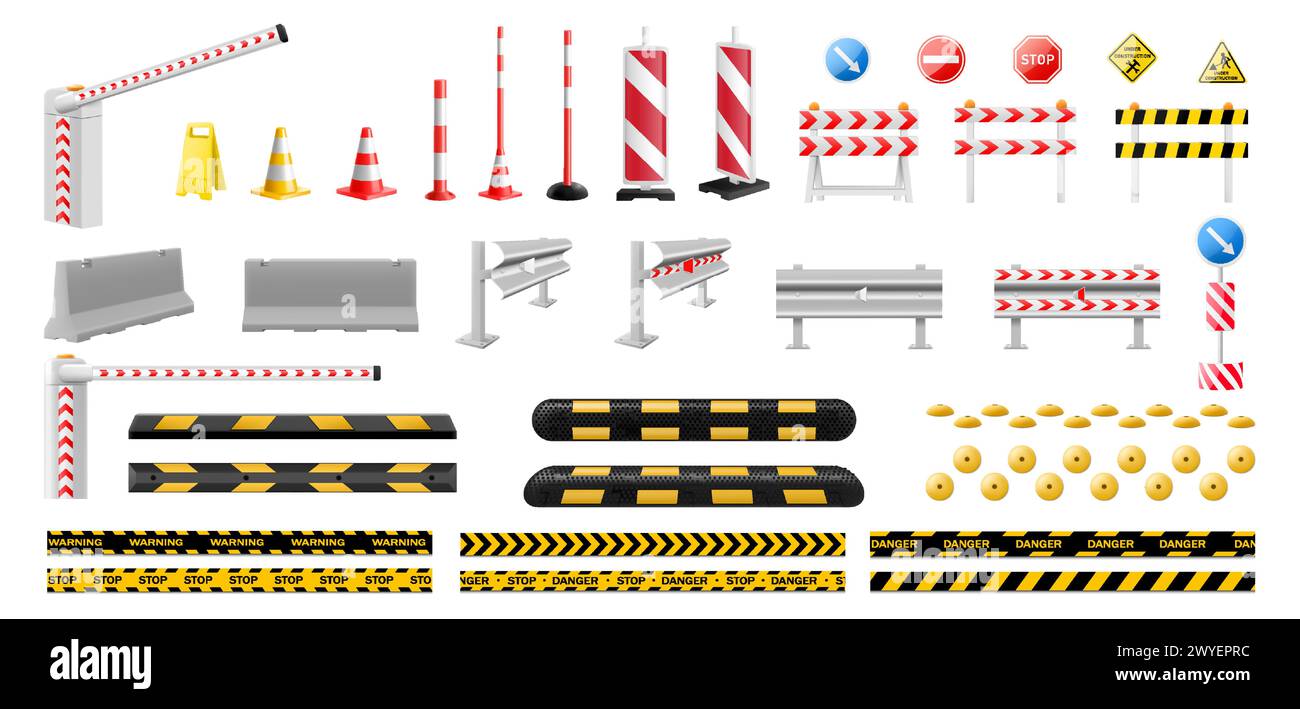 Set of traffic light, boom barrier gate, road barrier fence, speed bump ...