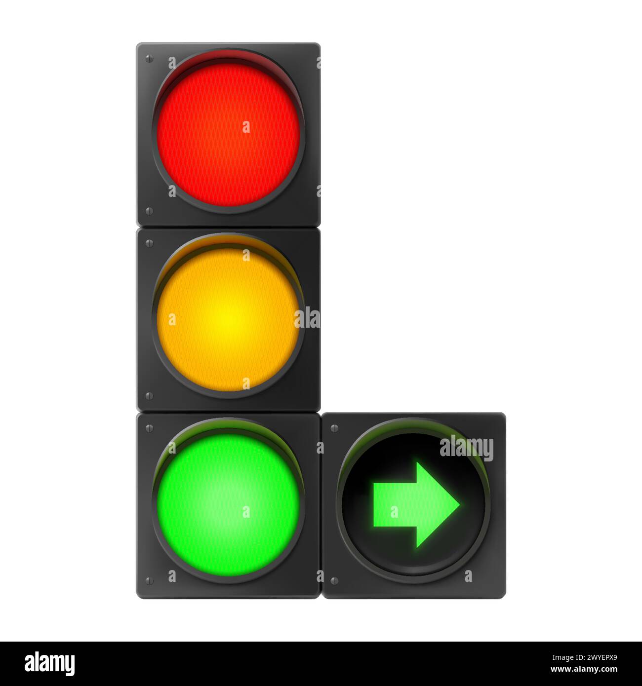 Traffic light with all three colors on and green arrow isolated on ...