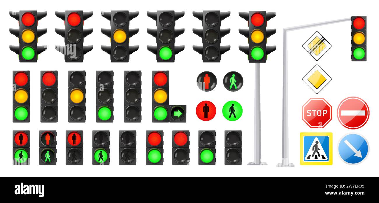 Set of road street signs for vehicles and pedestrians. Priority roads ...