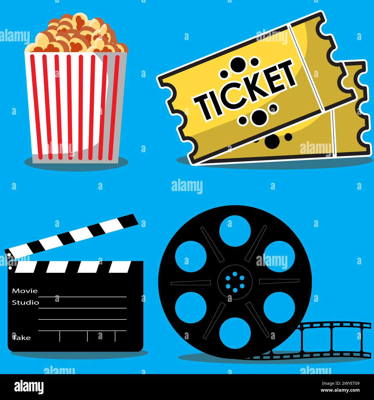Movie related items, popcorn, ticket, clapperboard, film reel. Graphics ...