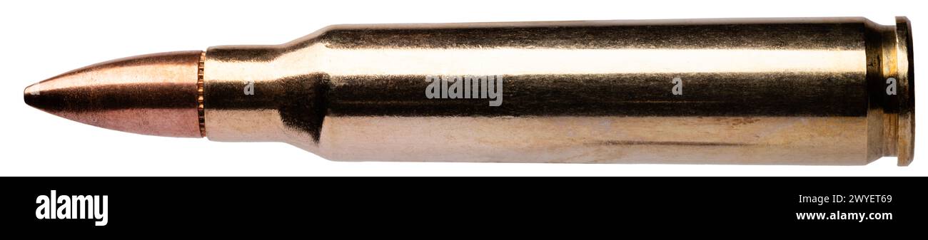 Assault rifle cartridge with a copper plated bullet isolated in a ...