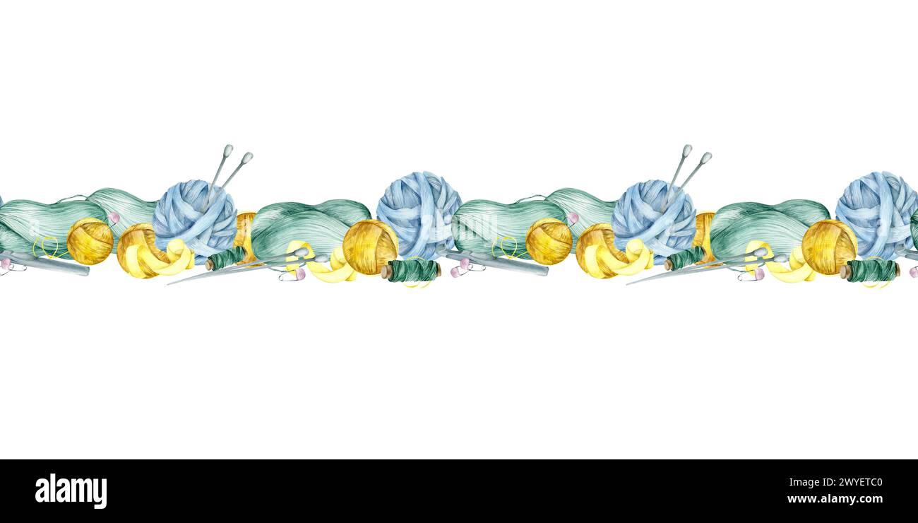 Wool knitting seamless border with yellow and blue yarn balls,skein and ...