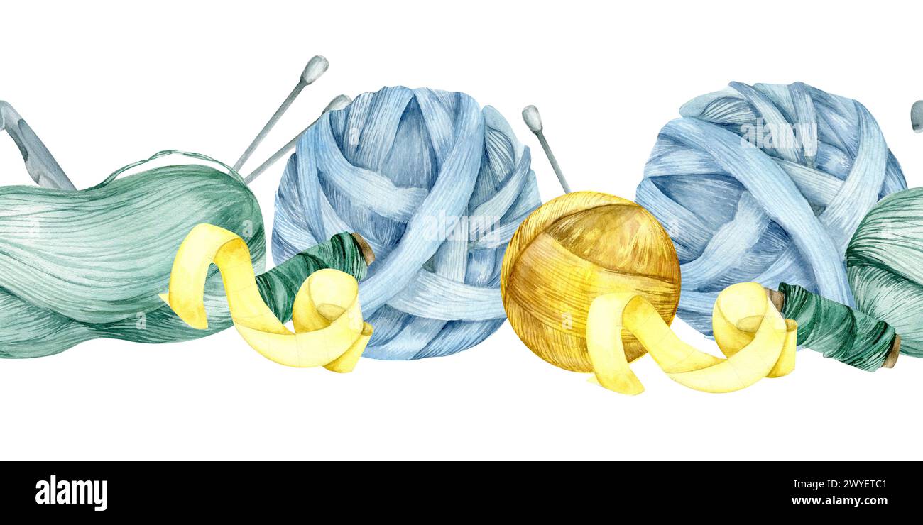 Wool knitting seamless border with yellow and blue yarn balls,skein and ...