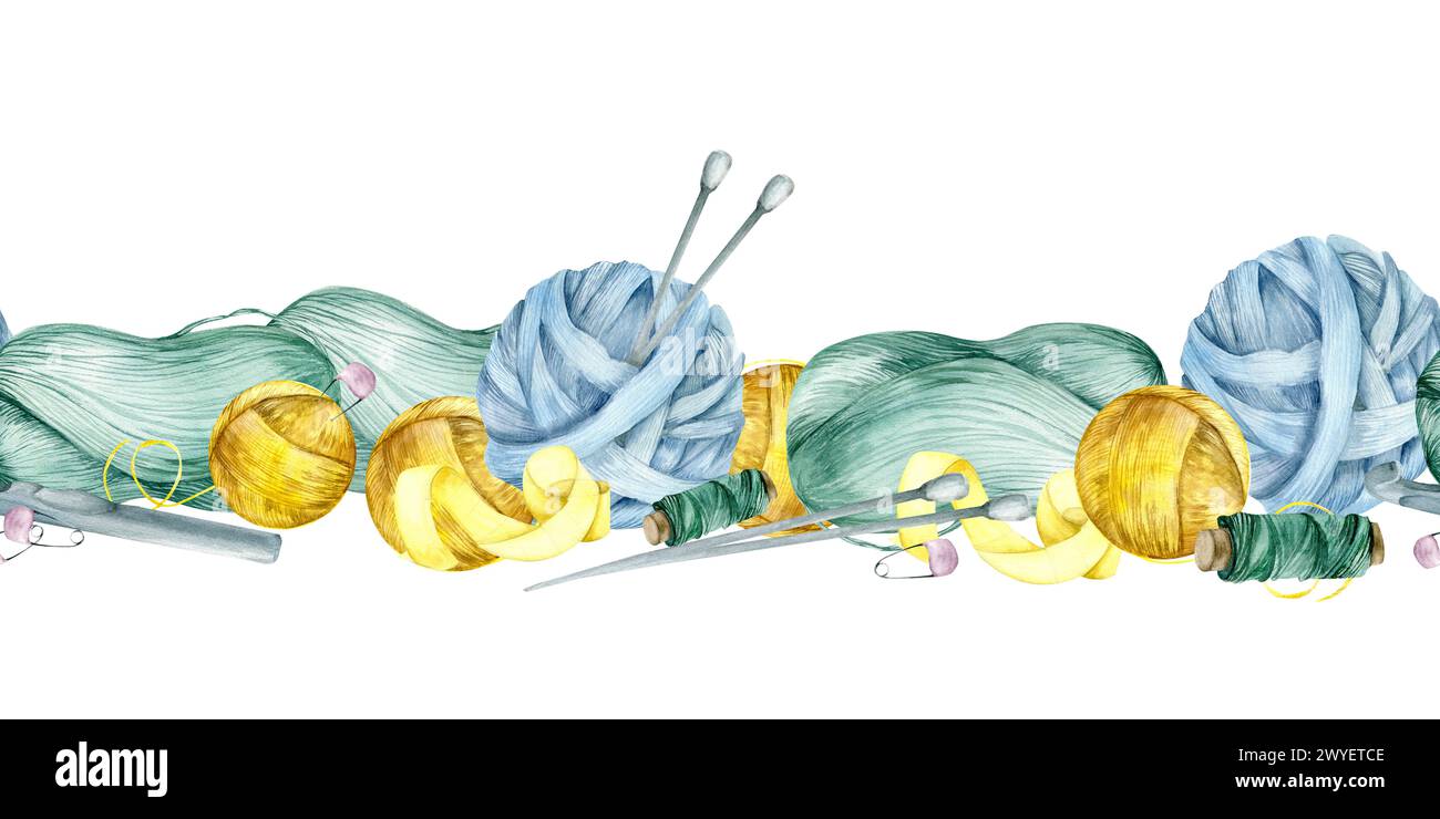 Wool knitting seamless border with yellow and blue yarn balls,skein and ...
