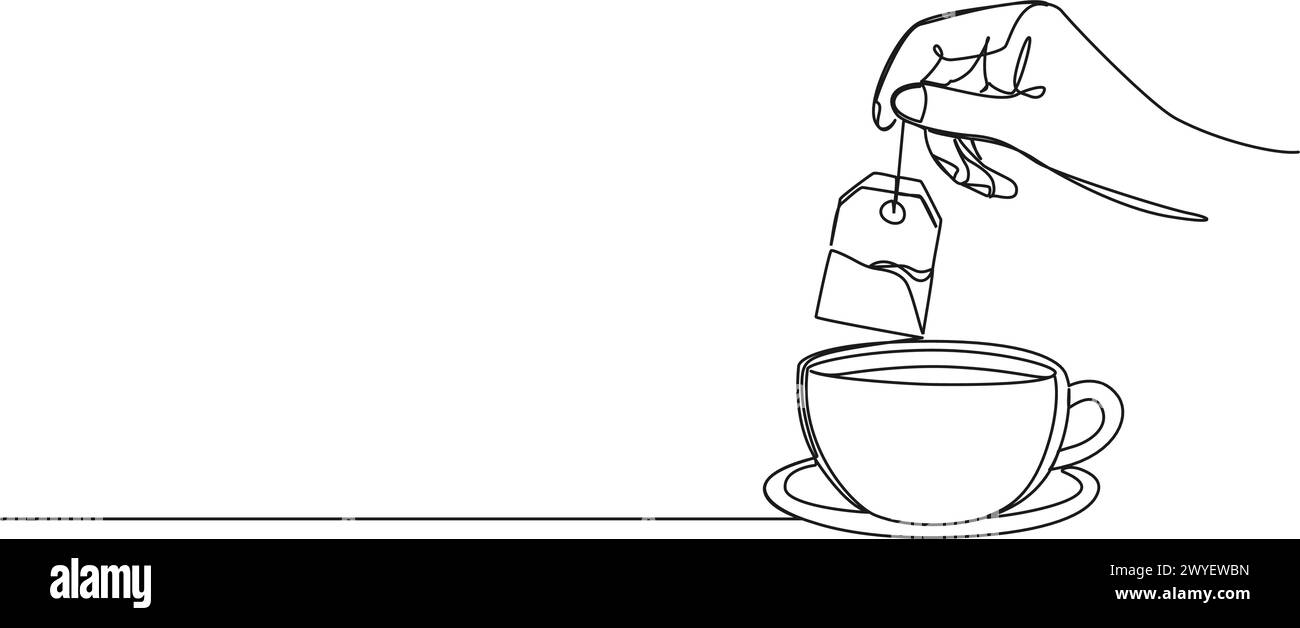 continuous single line drawing of hand holding tea bag above cup of tea ...