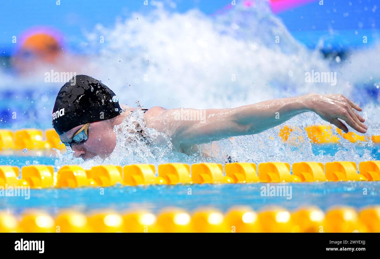 Laura Stephens in action during the Women's 100m Butterfly Heats on day ...