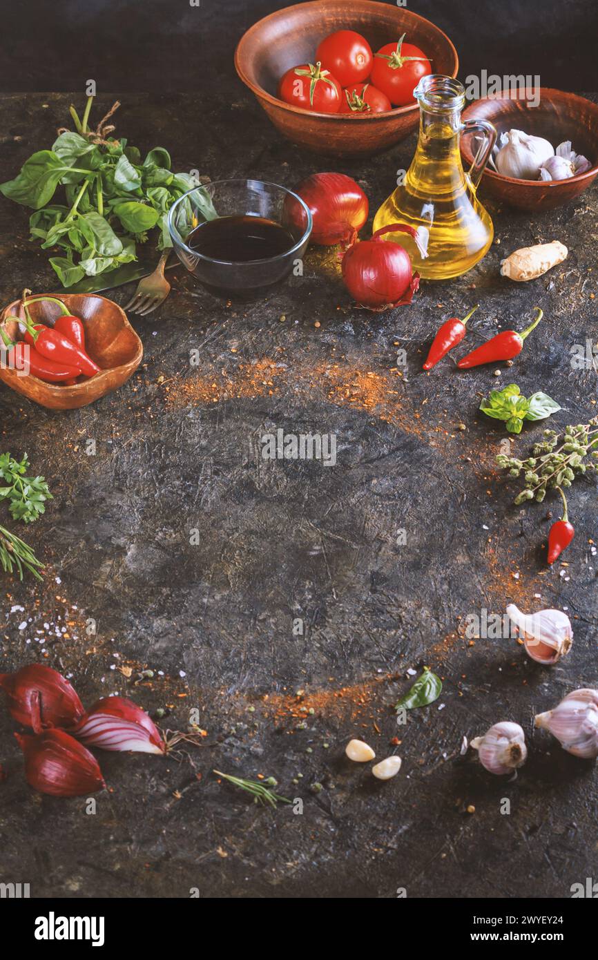 Vertical culinary background with copy space for text. Olive oil and ...