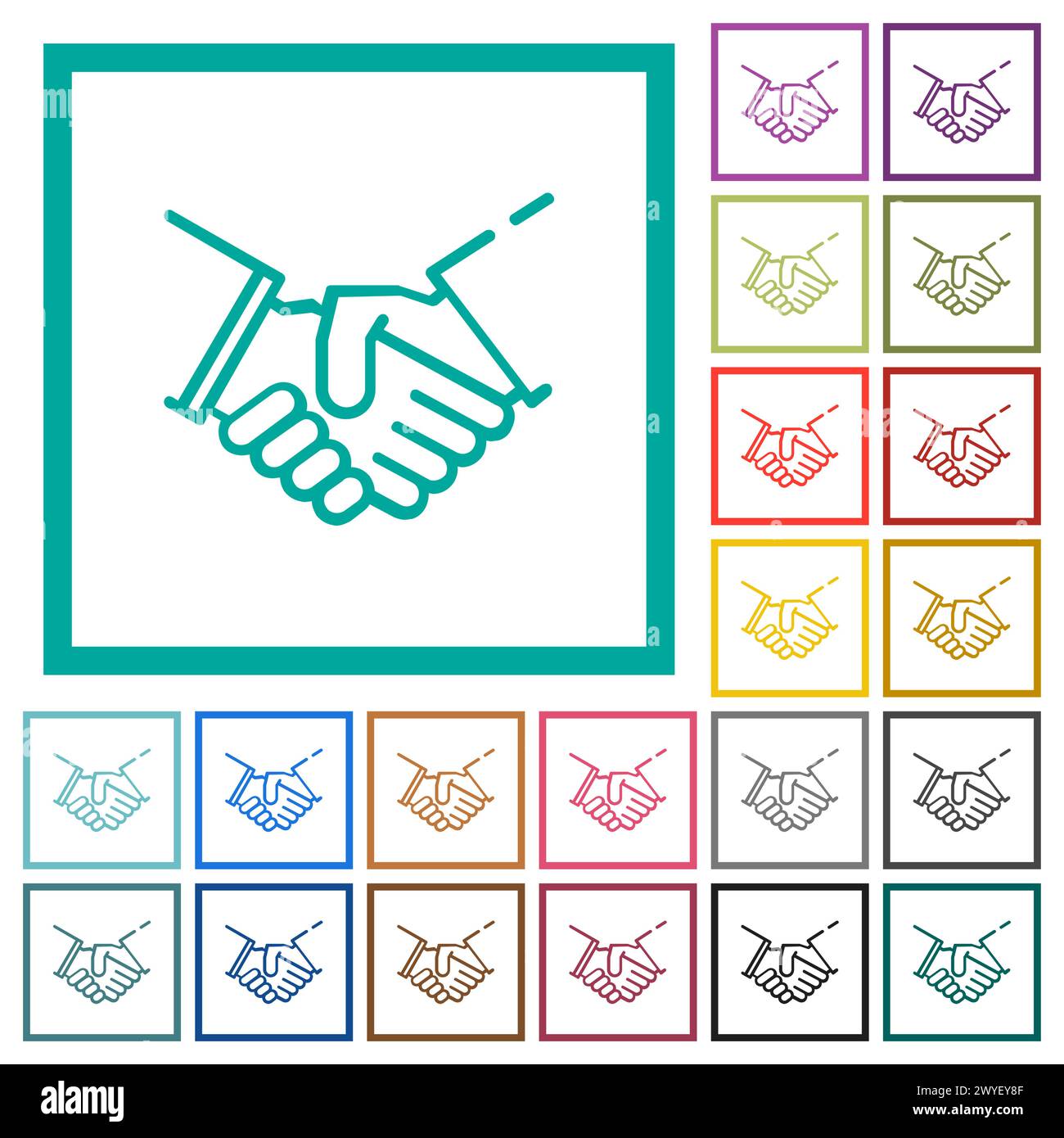 Handshake outline flat color icons with quadrant frames on white ...