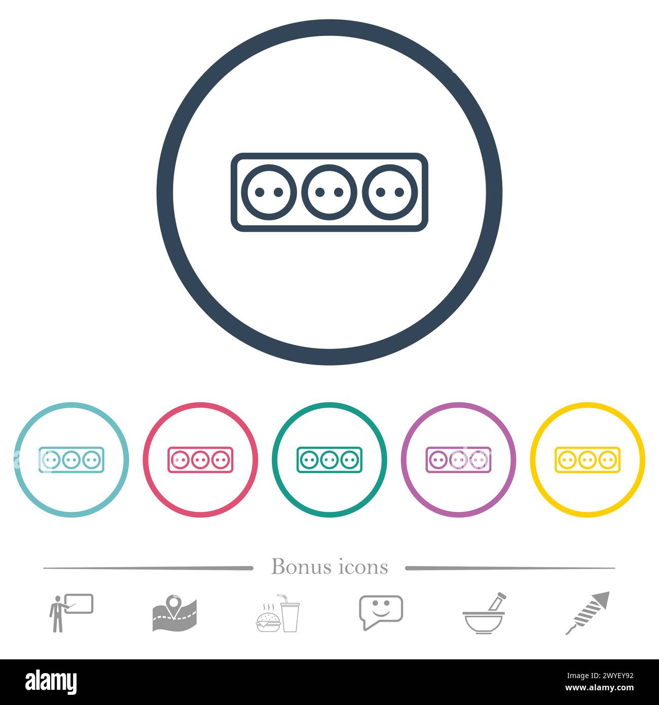 Electrical outlet with three sockets outline flat color icons in round outlines. 6 bonus icons ...