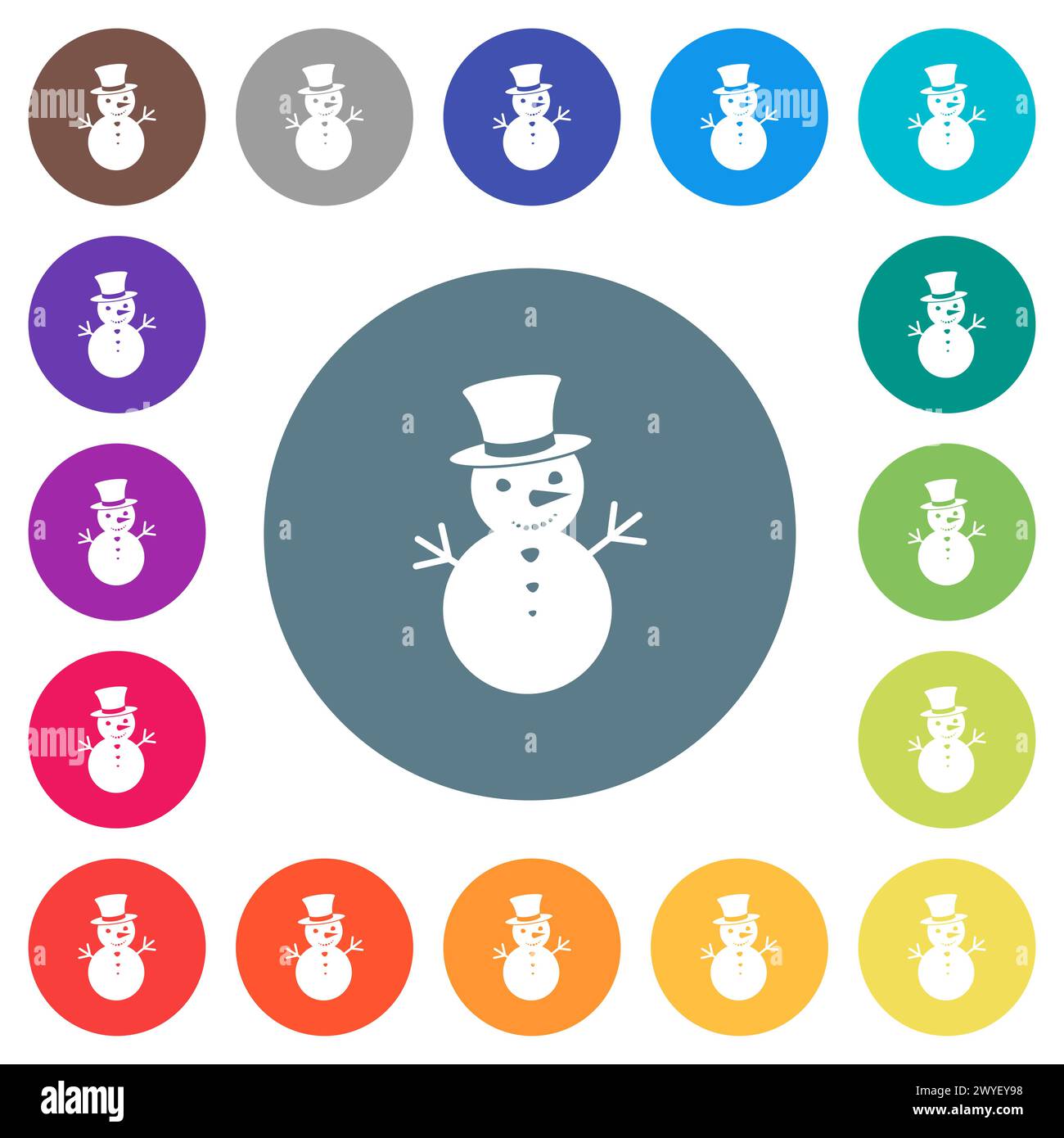 Snowman flat white icons on round color backgrounds. 17 background ...