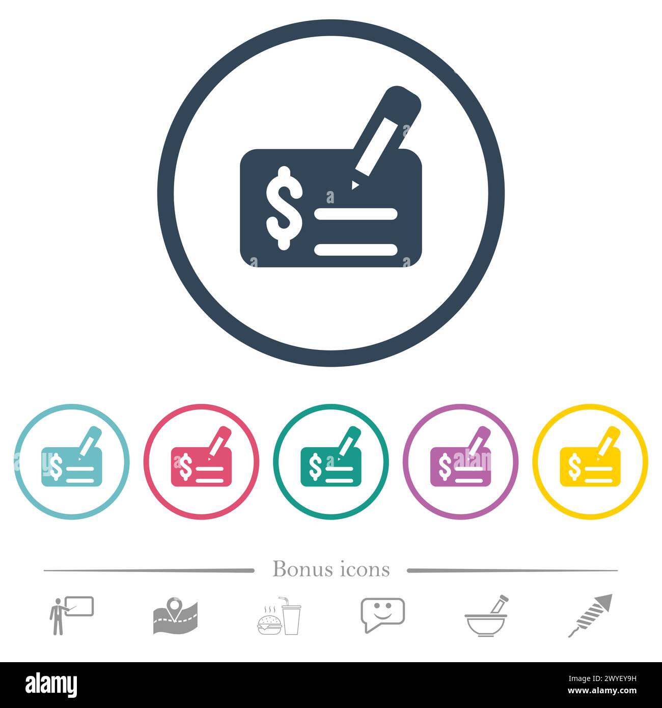 Cheque signing solid flat color icons in round outlines. 6 bonus icons ...