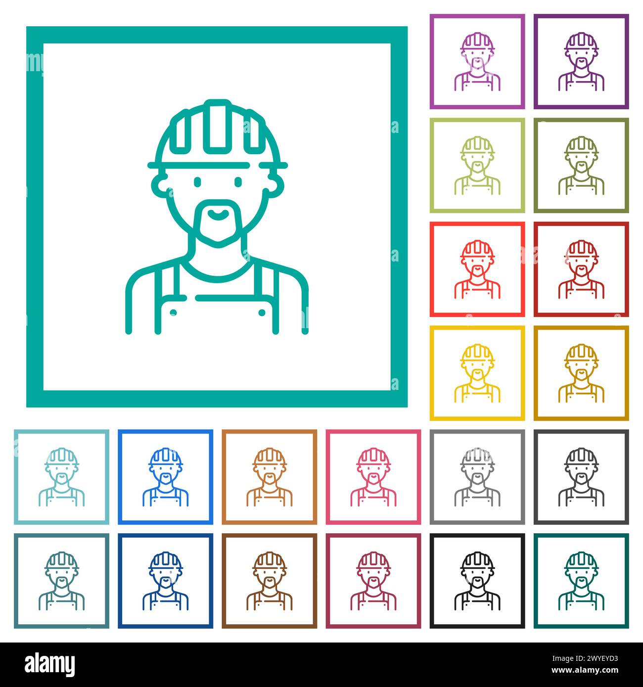 Worker avatar outline flat color icons with quadrant frames on white ...