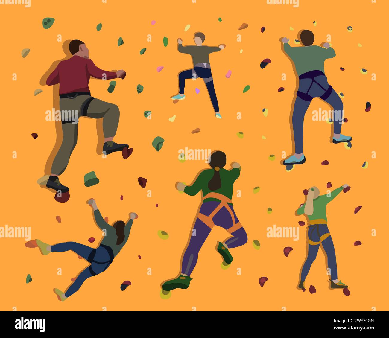 Vector isolated illustration of a set of people on a climbing wall ...