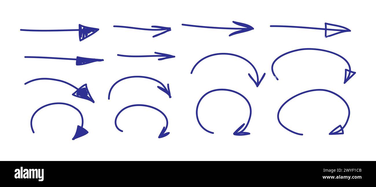 Hand drawn arrows set. Vector illustration in doodle style. Scribbles and sketches, marker line ...