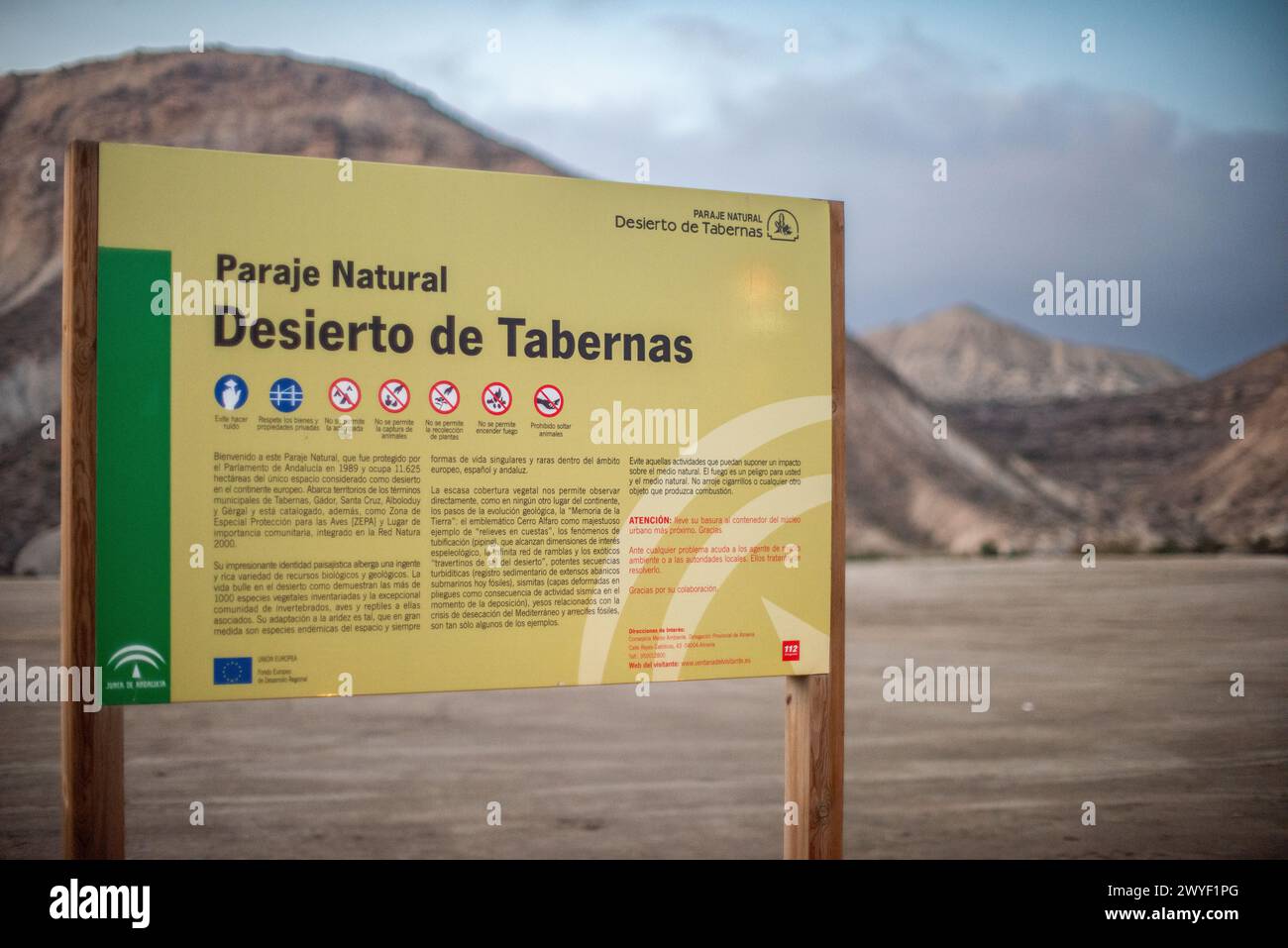 Sign at the entrance of Tabernas Desert Natural Park in Almería, Spain ...
