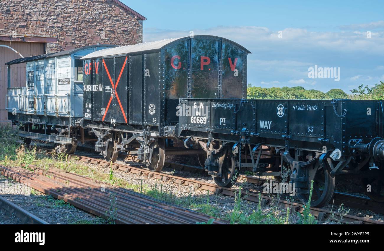 Period rolling stock in a siding at Dunster Railway Station, Dunster ...