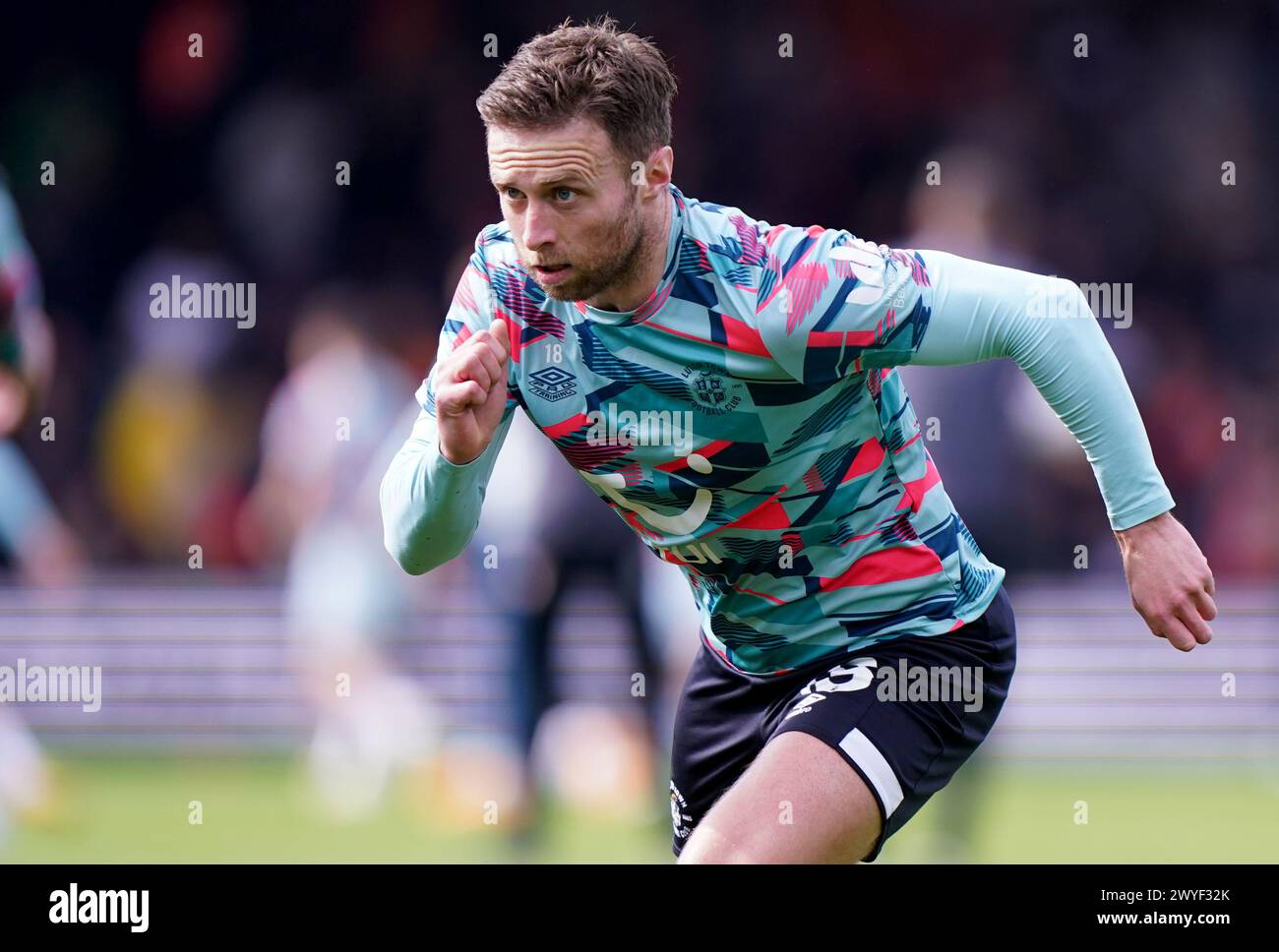 Luton Town's Jordan Clark during the warm up before the Premier League ...