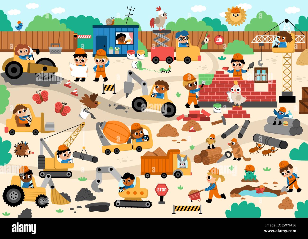 Vector construction site and road work landscape illustration. Building ...