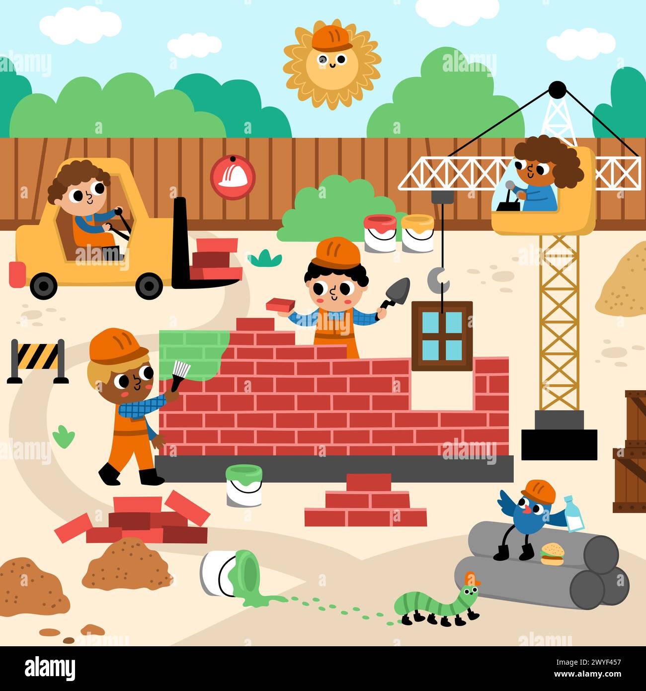 Vector construction site landscape illustration. Scene with kid workers ...
