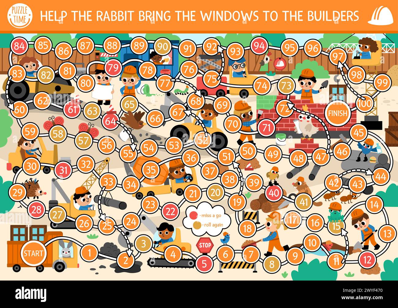 Construction site dice board game for children with cute kid builders ...