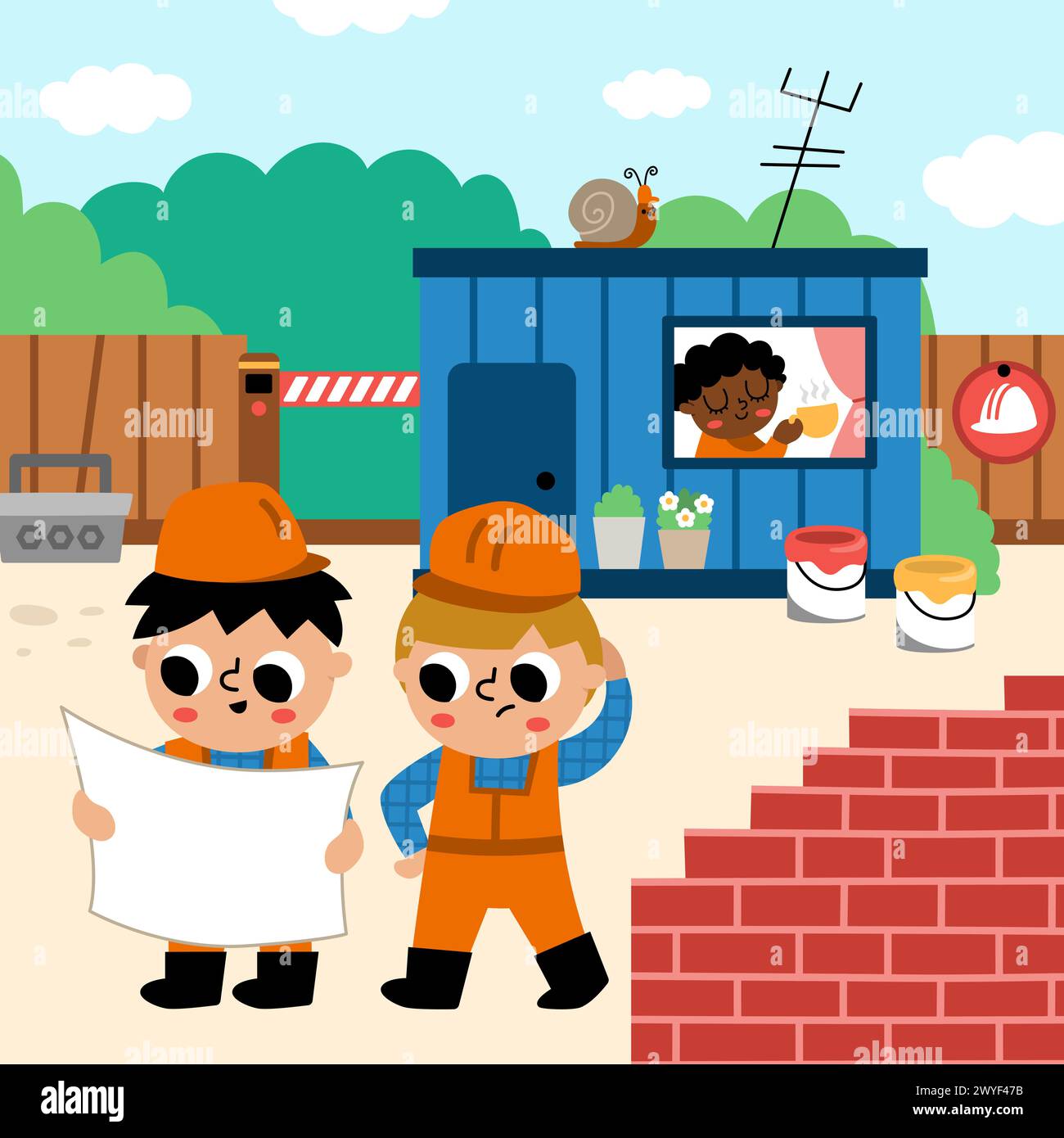 Vector construction site landscape illustration. Scene with kid workers ...