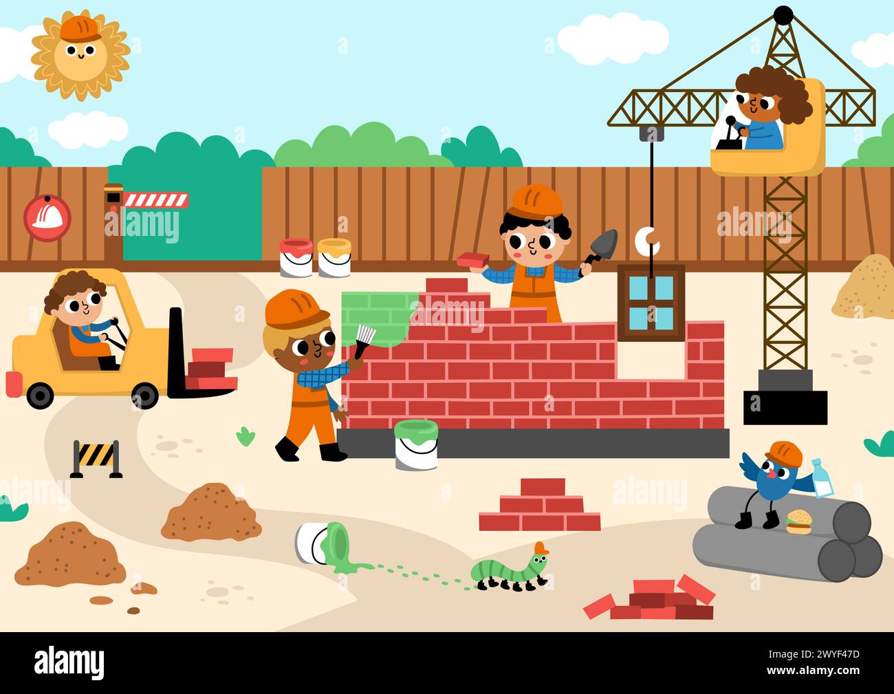 Vector construction site landscape illustration. Scene with kid workers ...