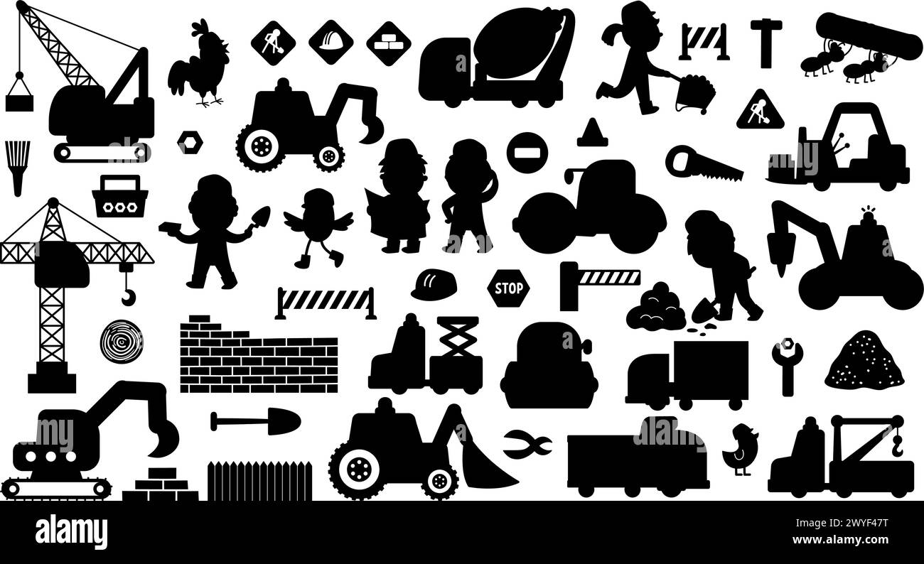 Big vector construction site and road work silhouettes set. Building ...