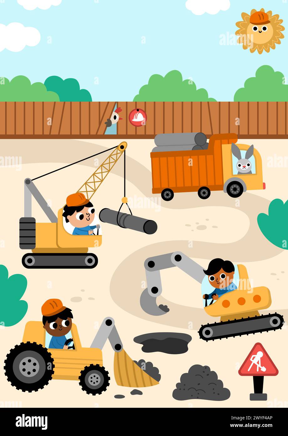Vector construction site landscape illustration. Scene with kid drivers ...