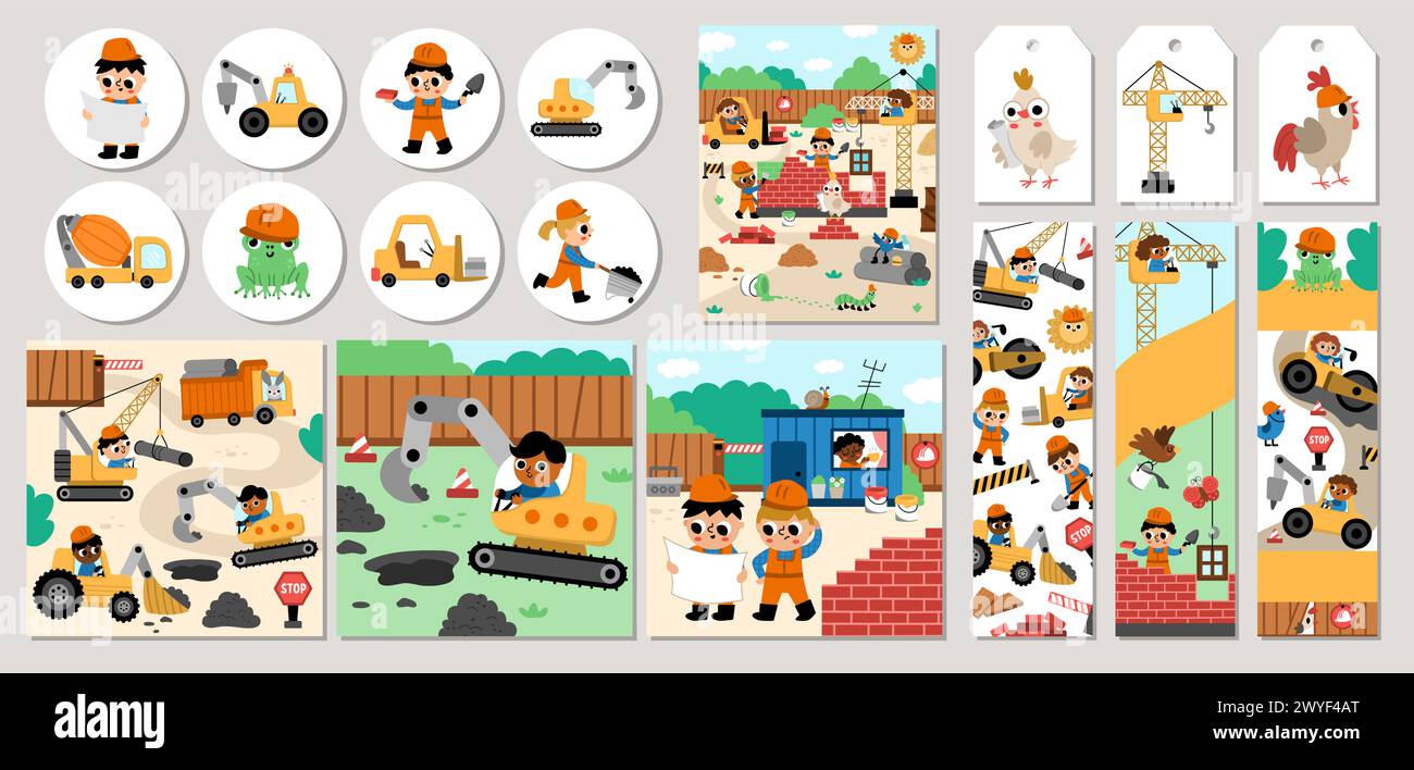 Cute construction site and road work cards set with funny kid builders ...