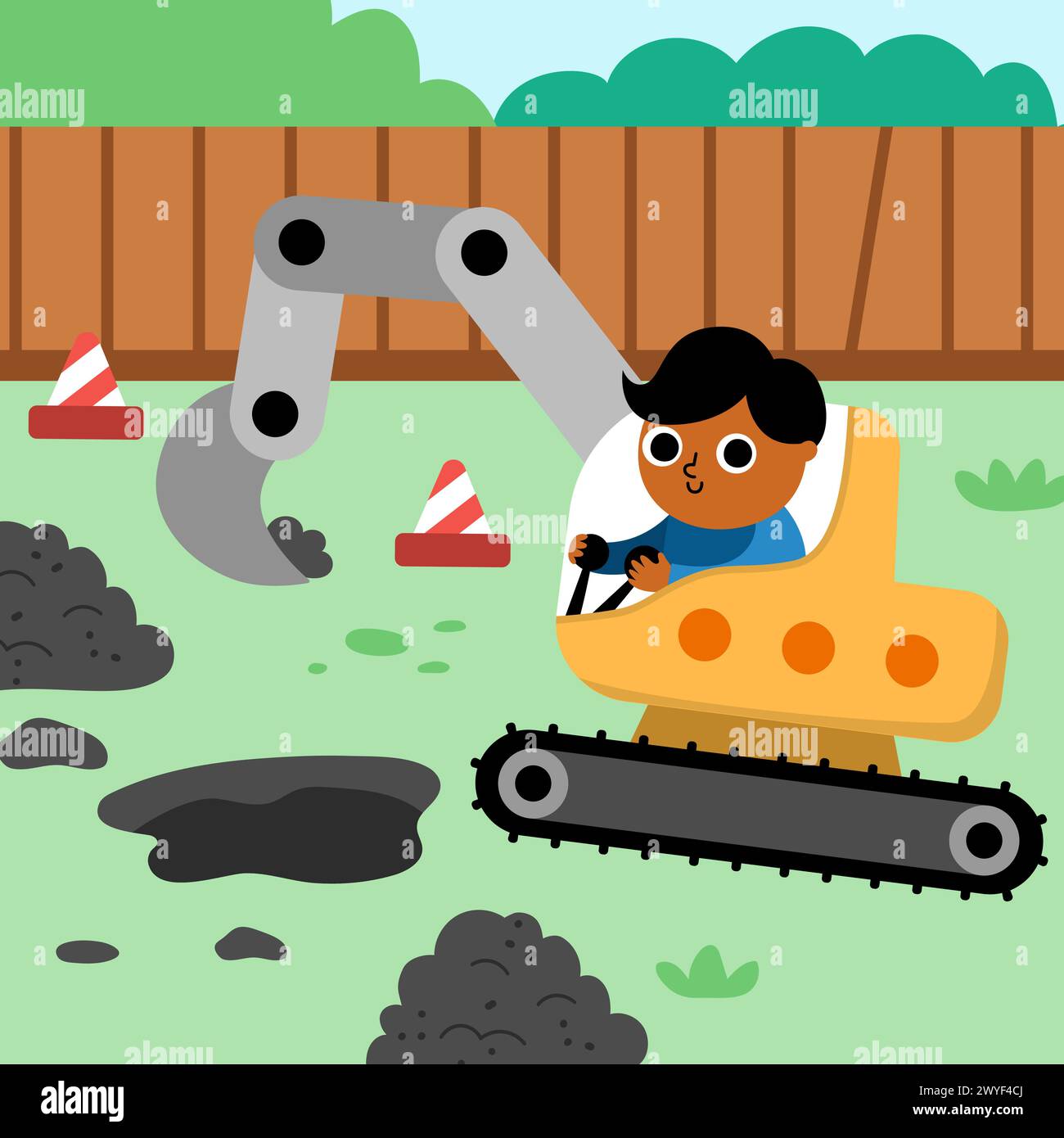 Vector road work landscape illustration. Scene with kid driver in ...