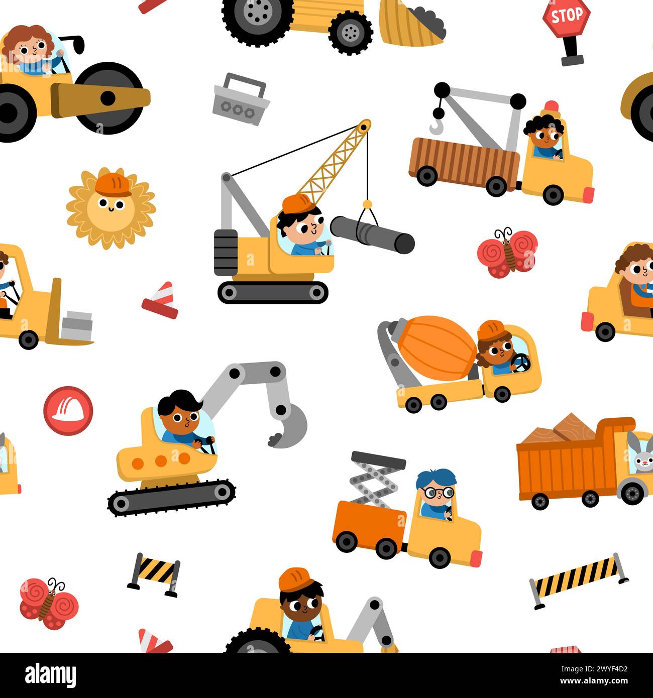 Vector special transport seamless pattern with drivers. Construction ...