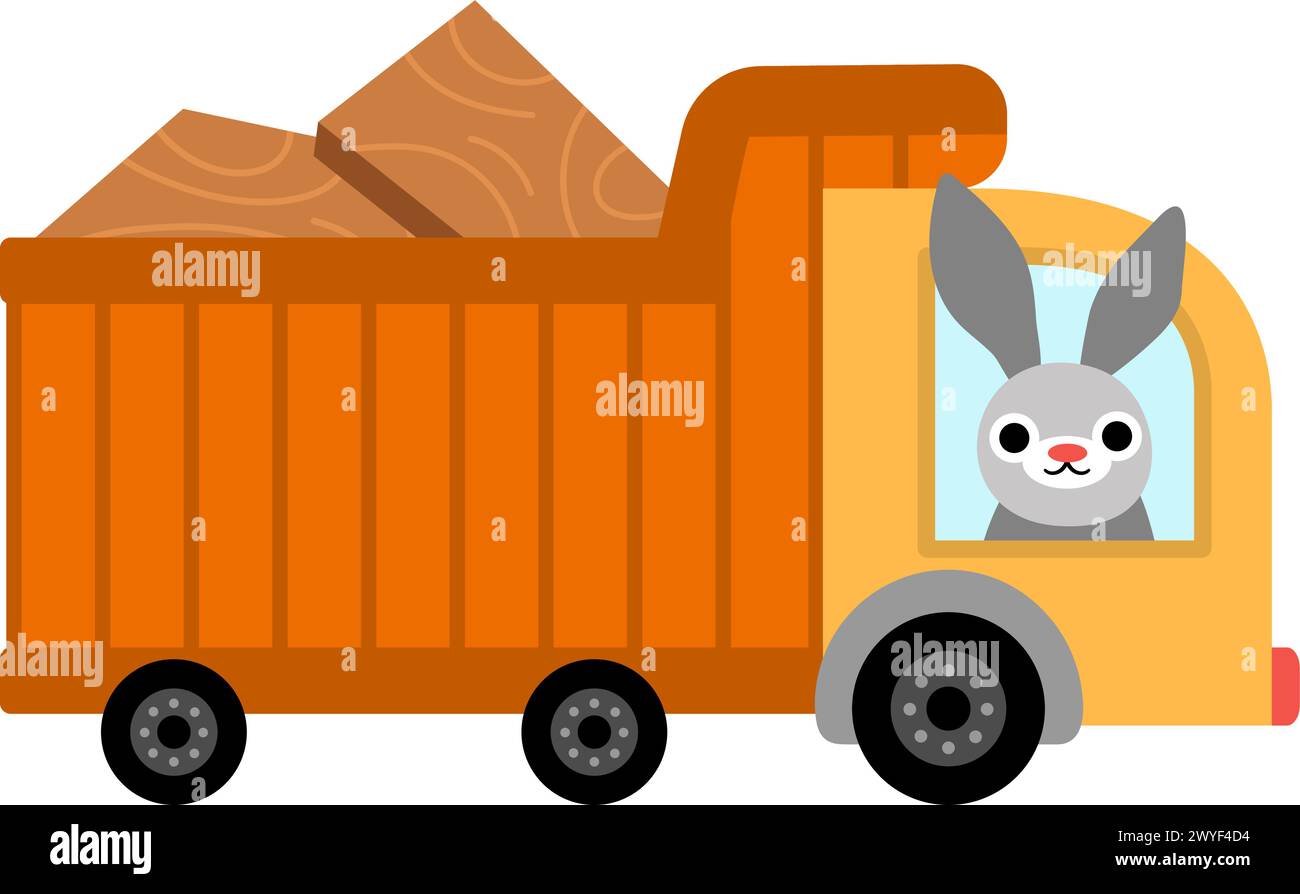 Vector wood loaded truck with rabbit driver. Construction site and road ...
