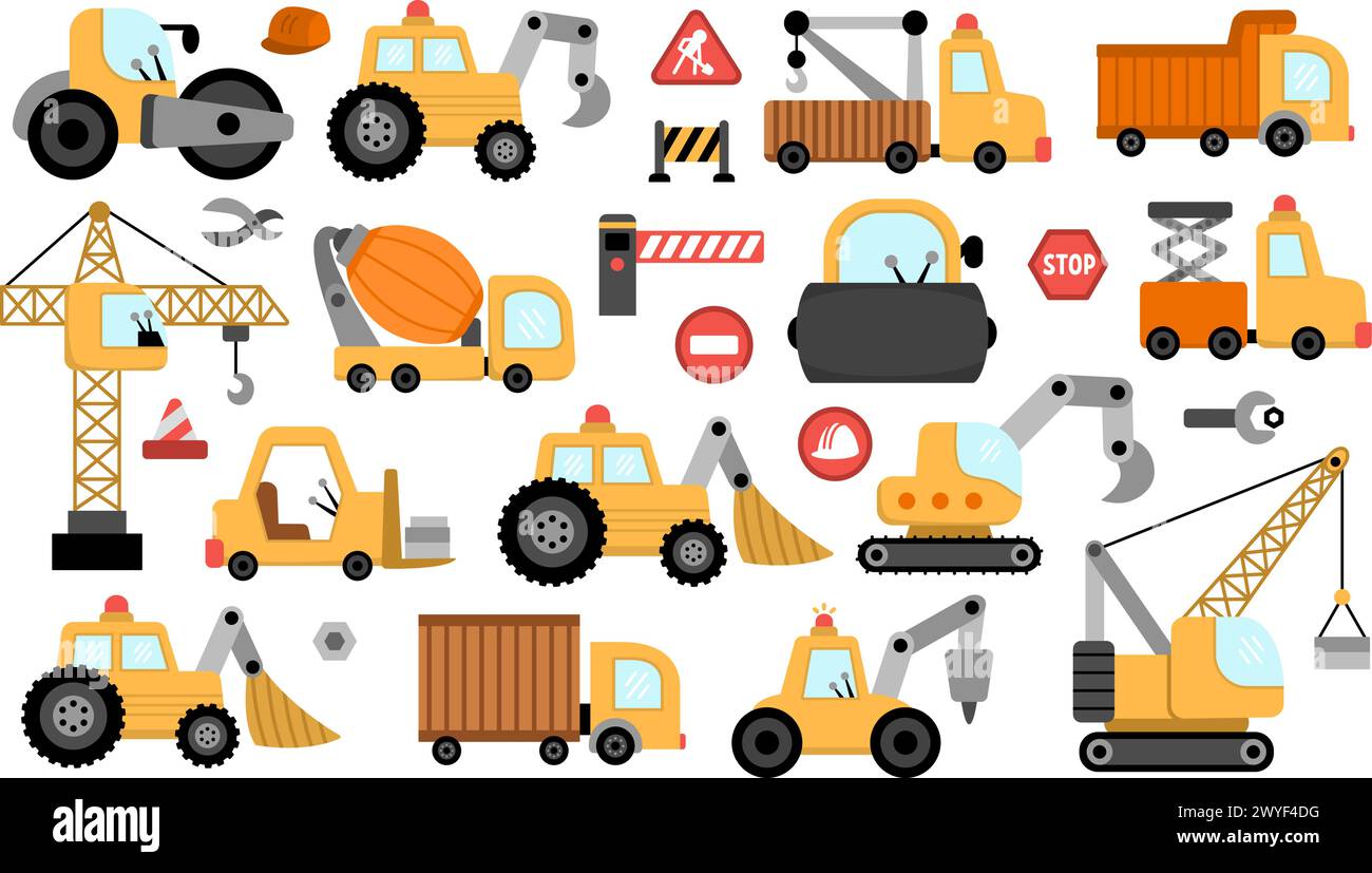 Big vector special transport set. Construction site, road work ...
