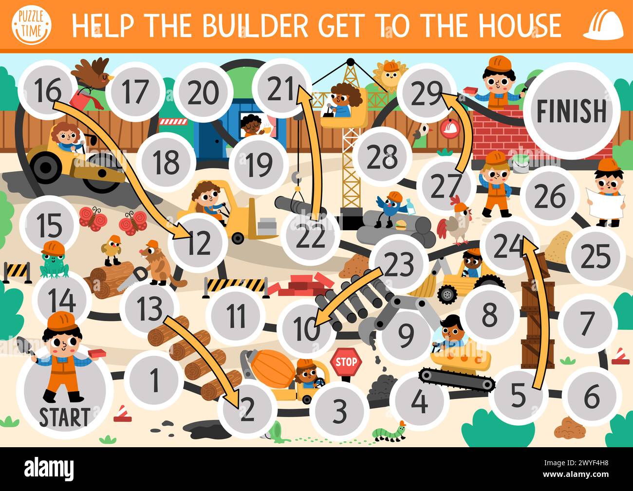 Construction site dice board game for children with cute kid builders ...