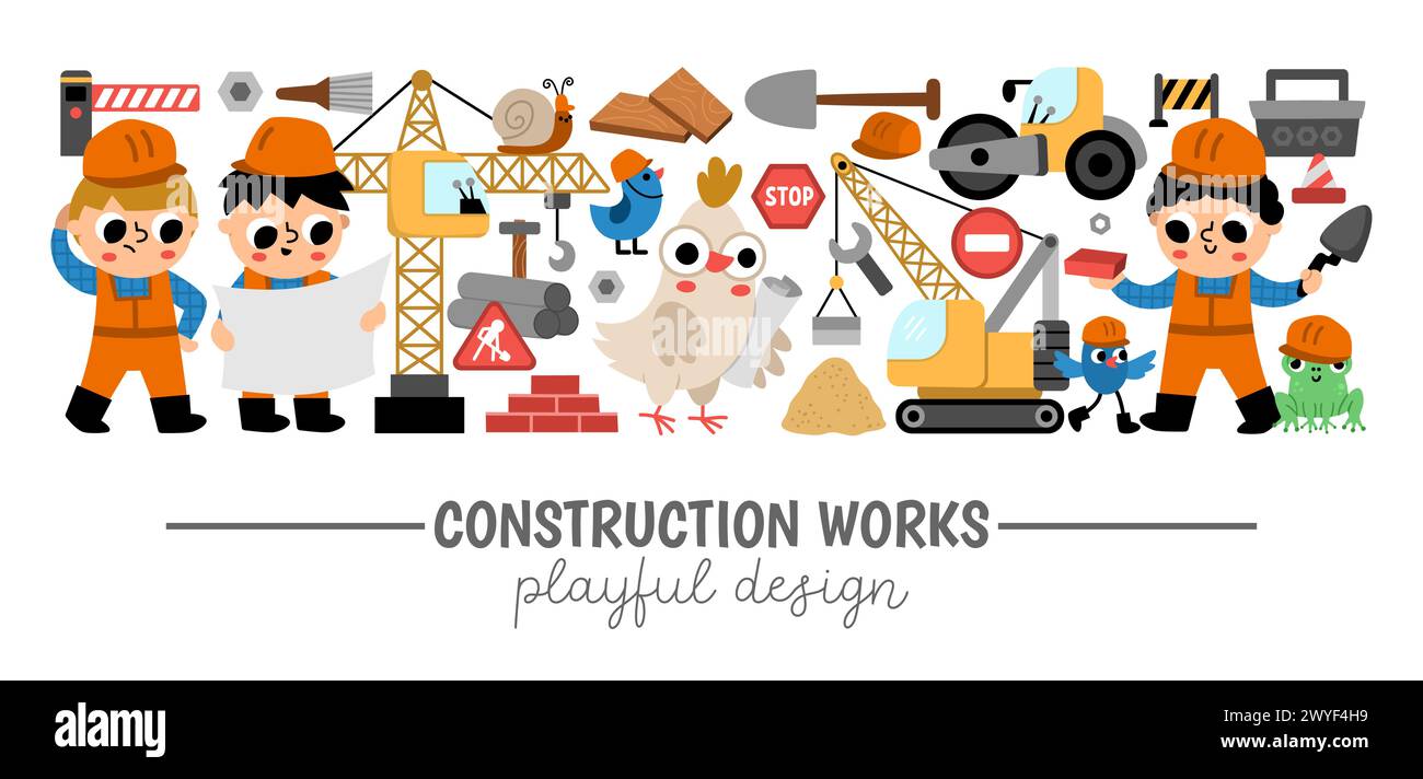 Vector construction site horizontal border set with kid builders ...
