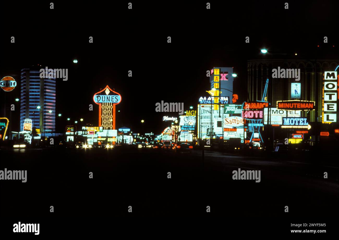 LAS VEGAS, USA ON JUNE 1978. Night view of the City, Hotels, commercial ...