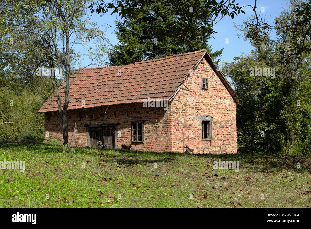 red brick walls of an abandoned farm building in western central Serbia ...
