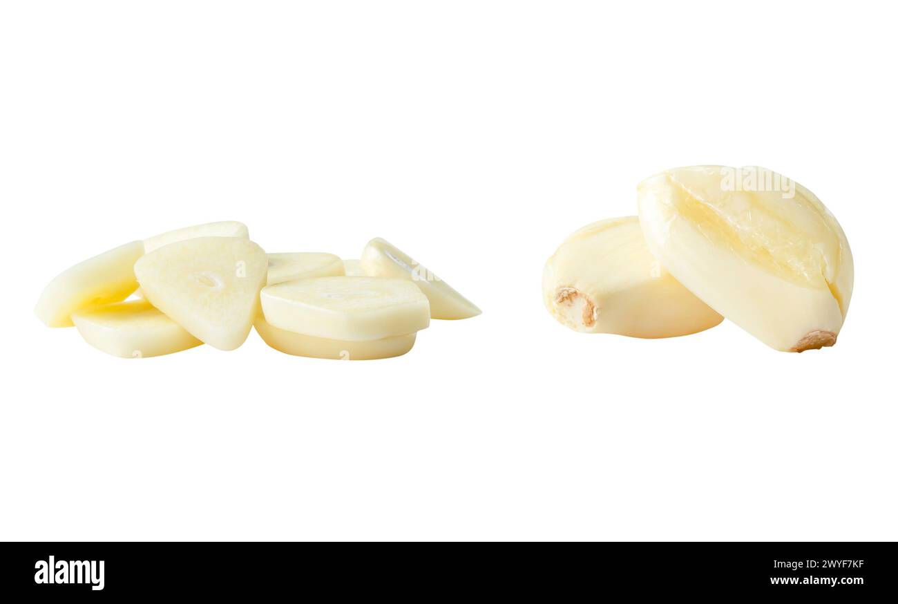 Front view set of fresh pounded garlic cloves with slices or pieces in ...