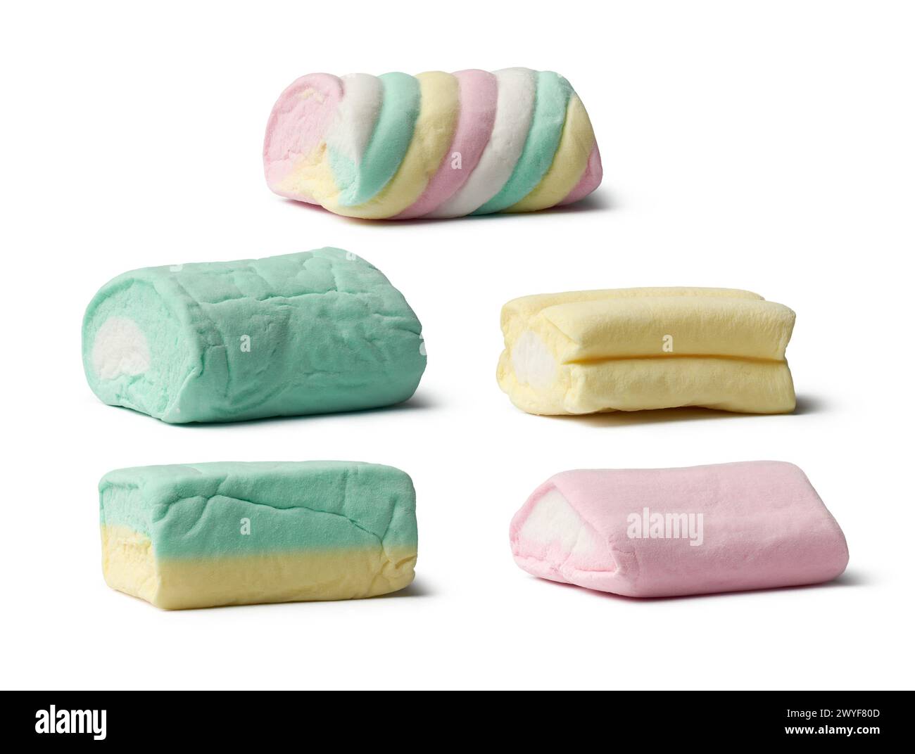 marshmallows pieces isolated white background, colorful fluffy soft ...