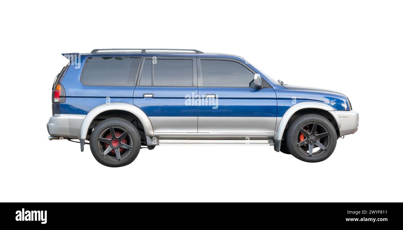 Side view of luxurious blue and bronze SUV sports car is isolated on ...