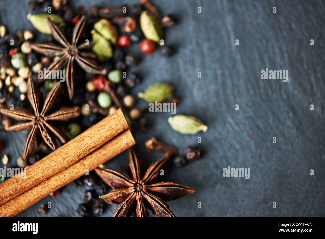 Whole spices, ingredients and cooking for food with mockup, fragrance ...