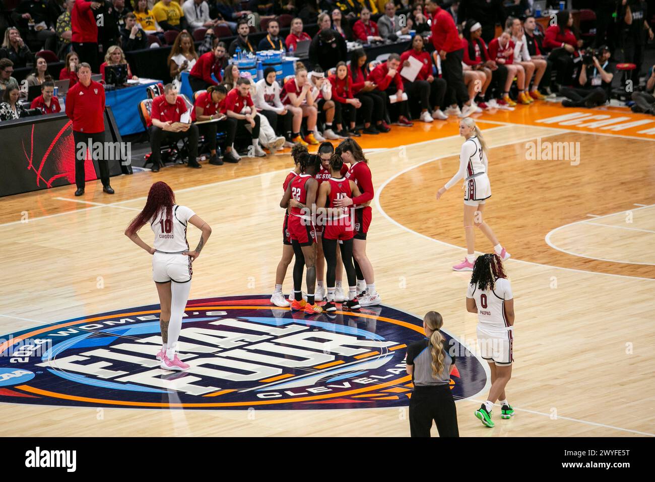 Cleveland, Ohio, USA. 5th April, 2024. NC State huddles right before ...