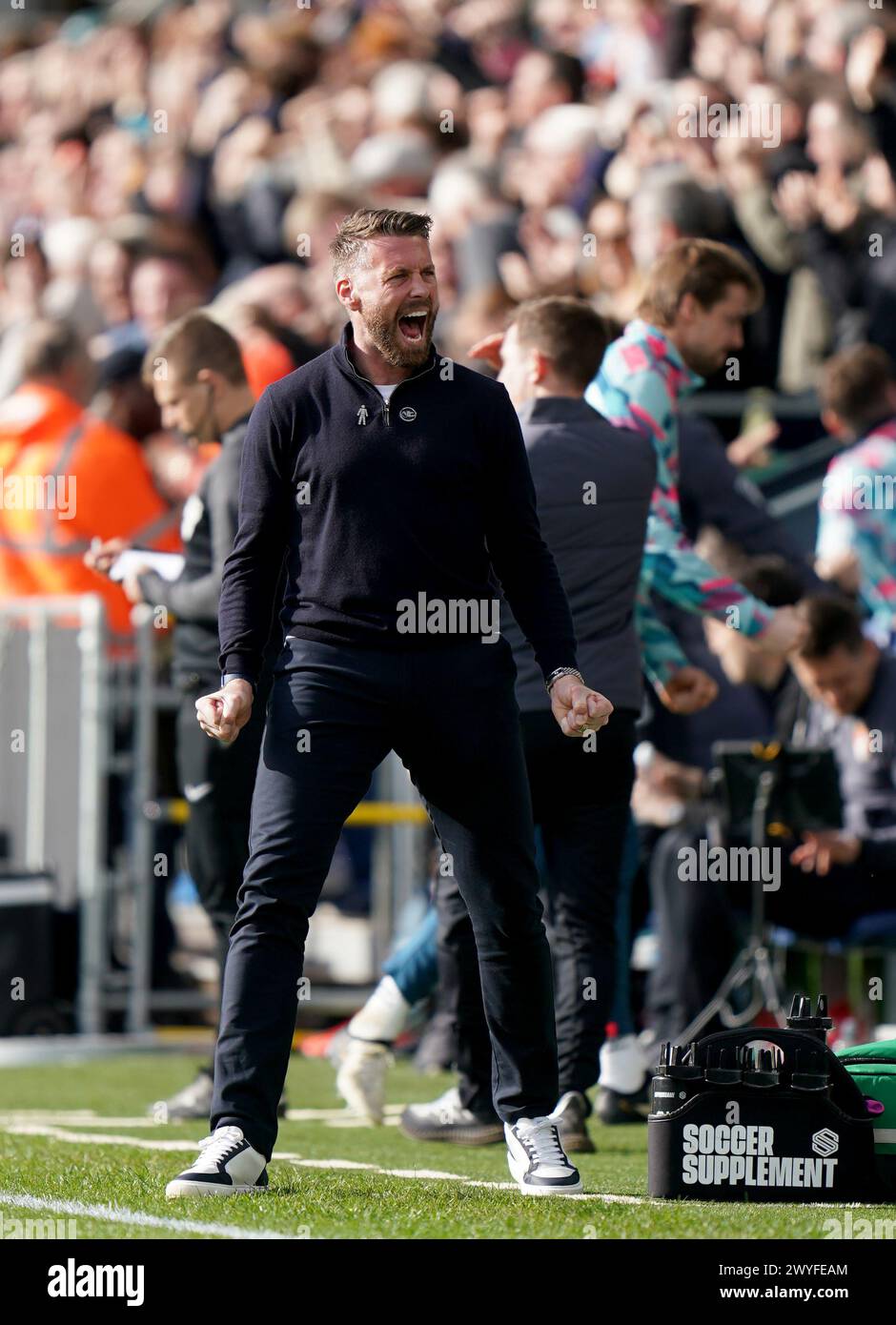 Luton Town manager Rob Edwards celebrates his sides first goal of the ...