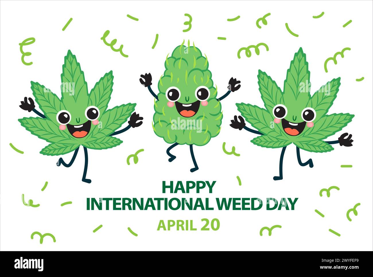 Happy International Weed Day banner. Cute and funny cannabis characters leaves and bud happy and ...